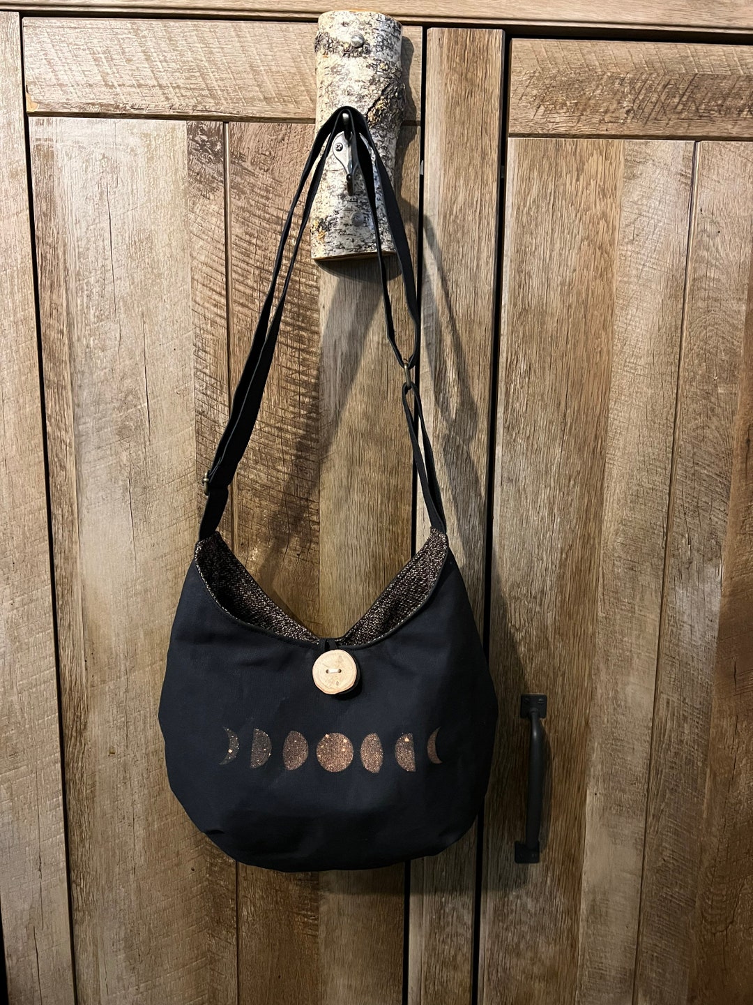 Moon Phases Crossbody Bag, Black Canvas Hobo Bag, Moon Purse With ...