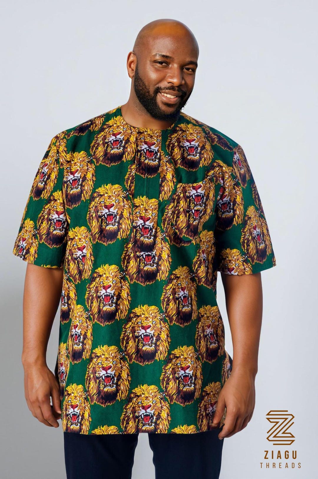 Green Isi Agu Shirt, Lion Head Print, African Menswear - Etsy