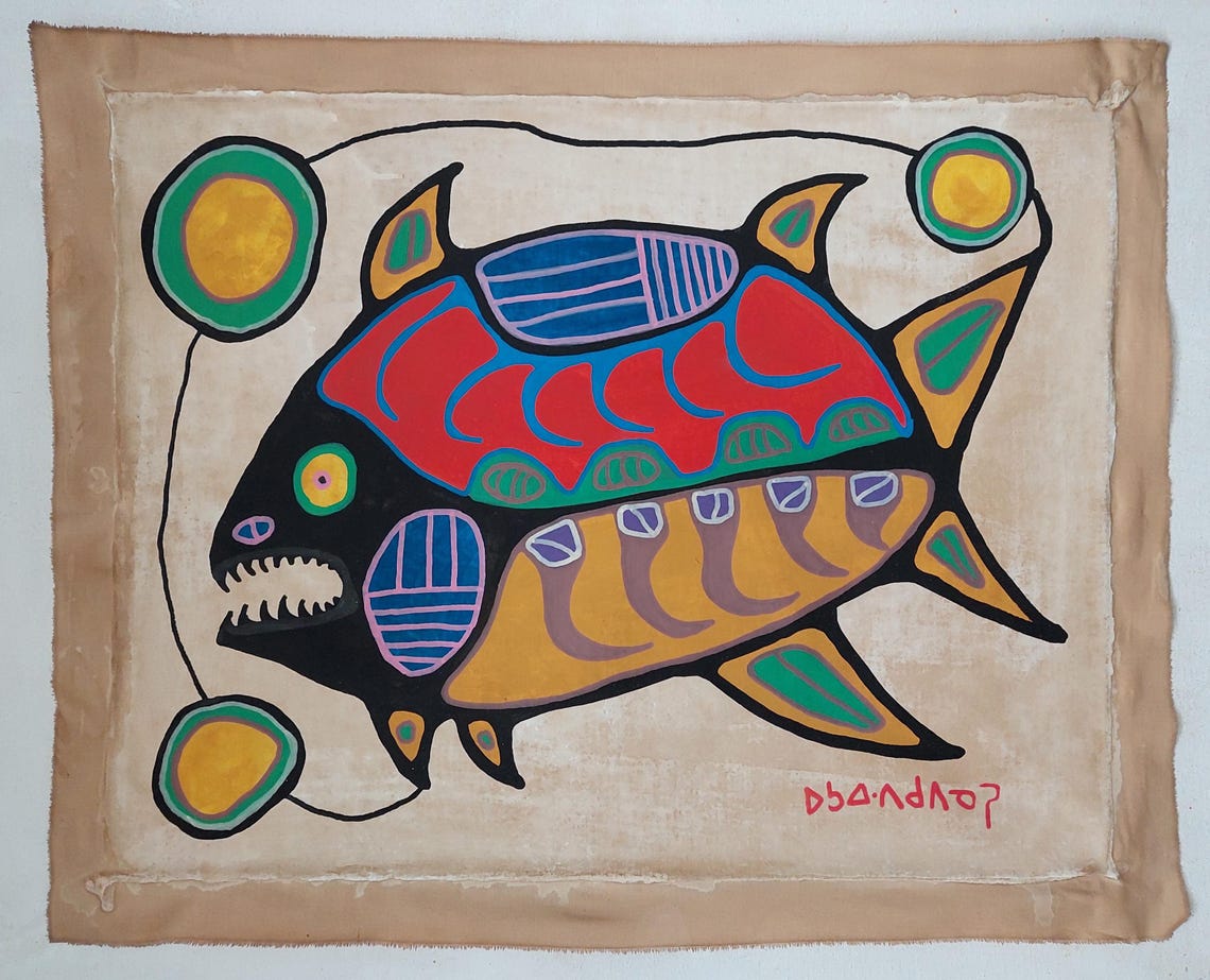 Norval Morrisseau Signed Indigenous Abstract Oil Painting on Canvas ...