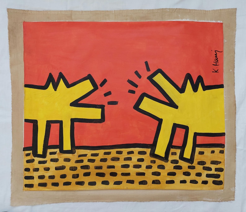Keith Haring Signed Pop Art Oil Painting on Large Canvas Iconic Pop Art ...