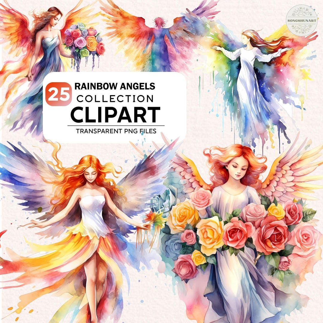 Watercolor Rainbow Angels Clipart Bundle PNG, 25+, Angel Woman Clipart ...