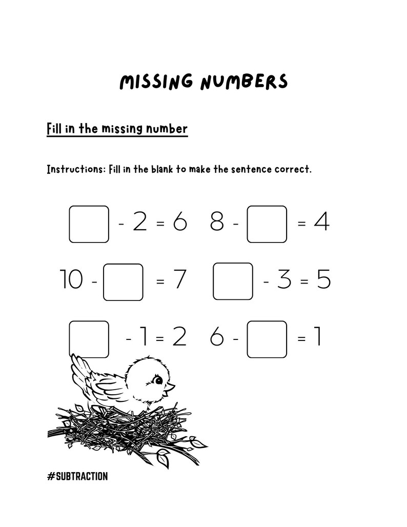 Subtraction Worksheets for Kids | Mental Math to 10 and 20, Missing ...
