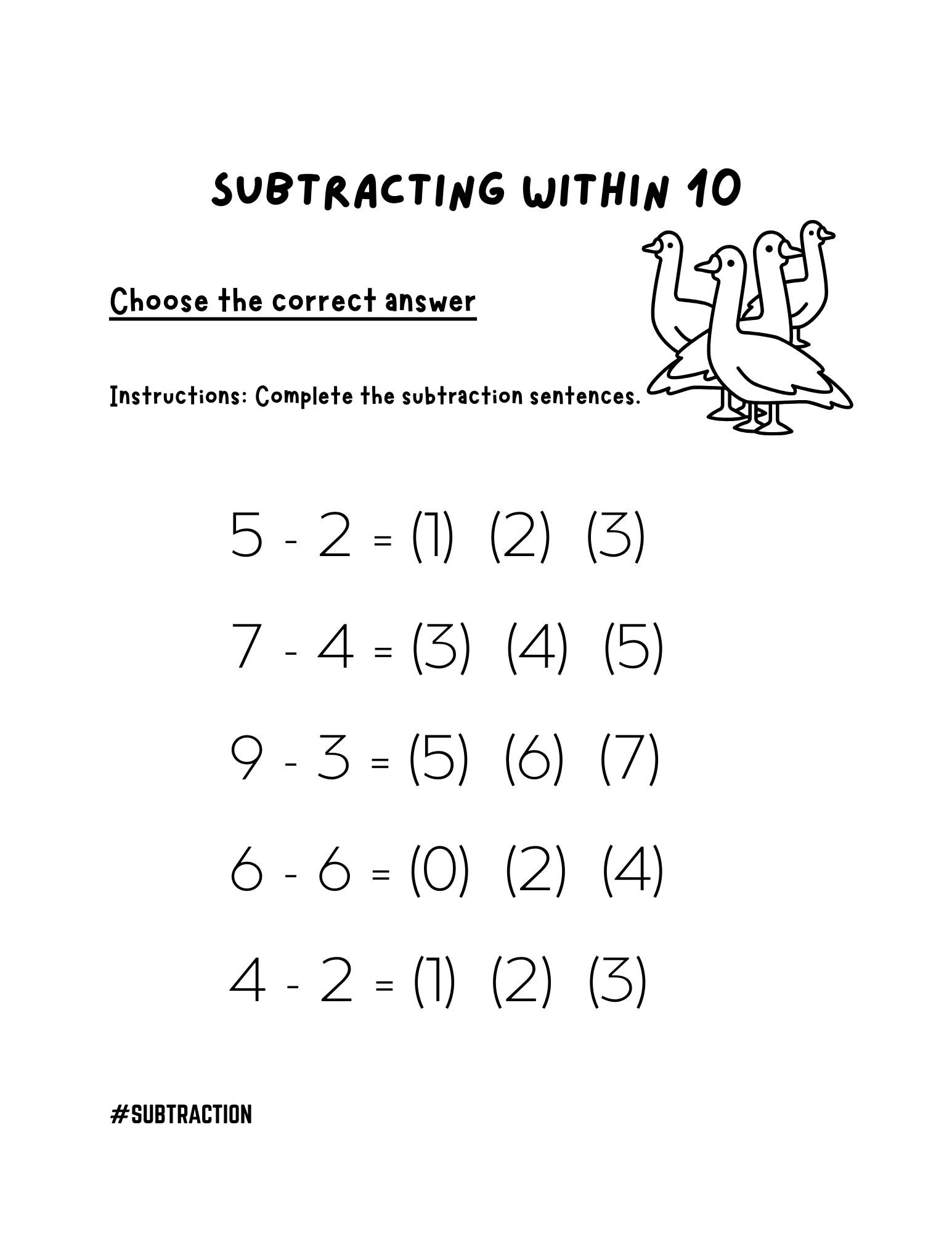Subtraction Worksheets for Kids | Mental Math to 10 and 20, Missing ...