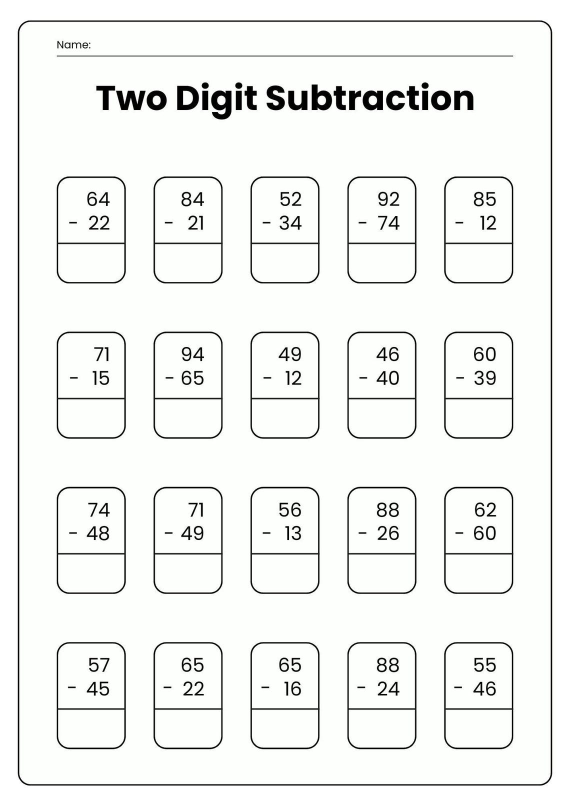 20 Printable Math Practice Pages | Two-digit Subtraction Worksheets for ...
