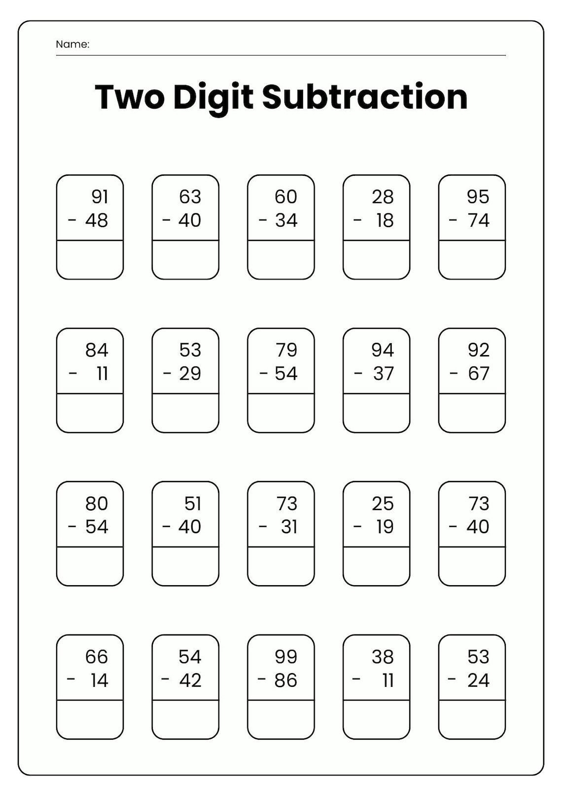 20 Printable Math Practice Pages | Two-digit Subtraction Worksheets for ...