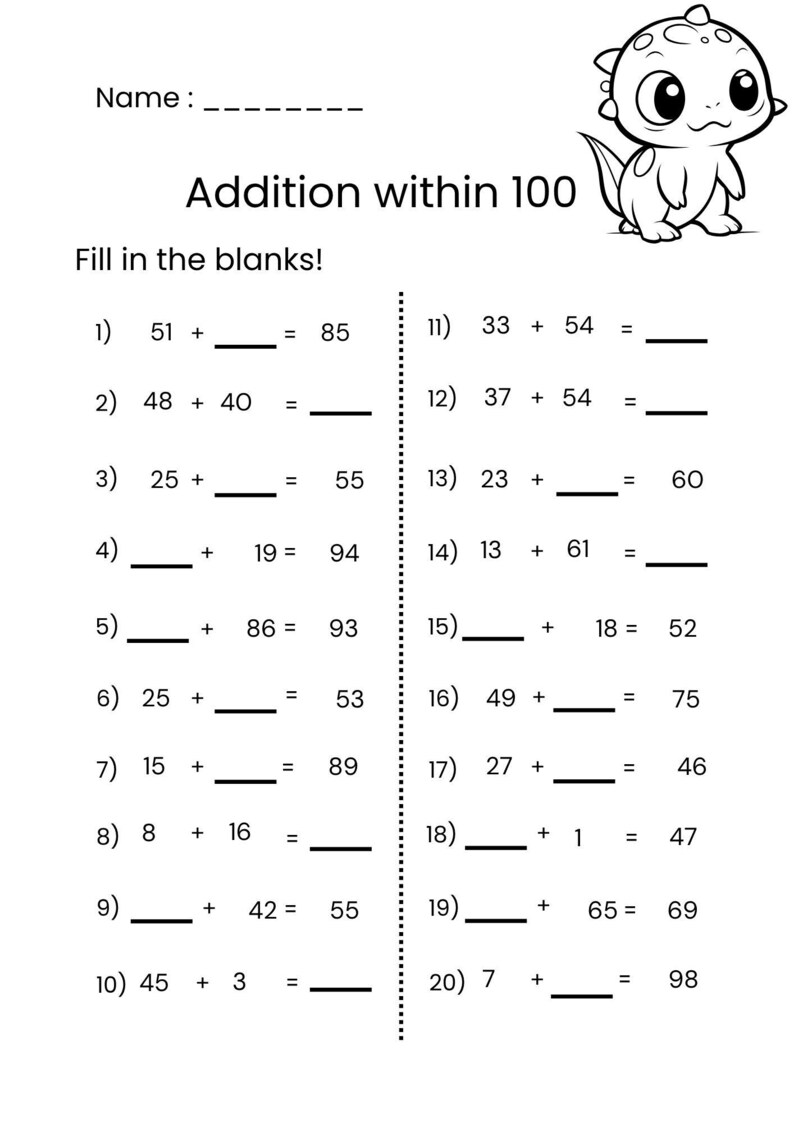 20 Worksheets | Cute Dinosaur Addition Worksheets Within 100 | Fun Math ...