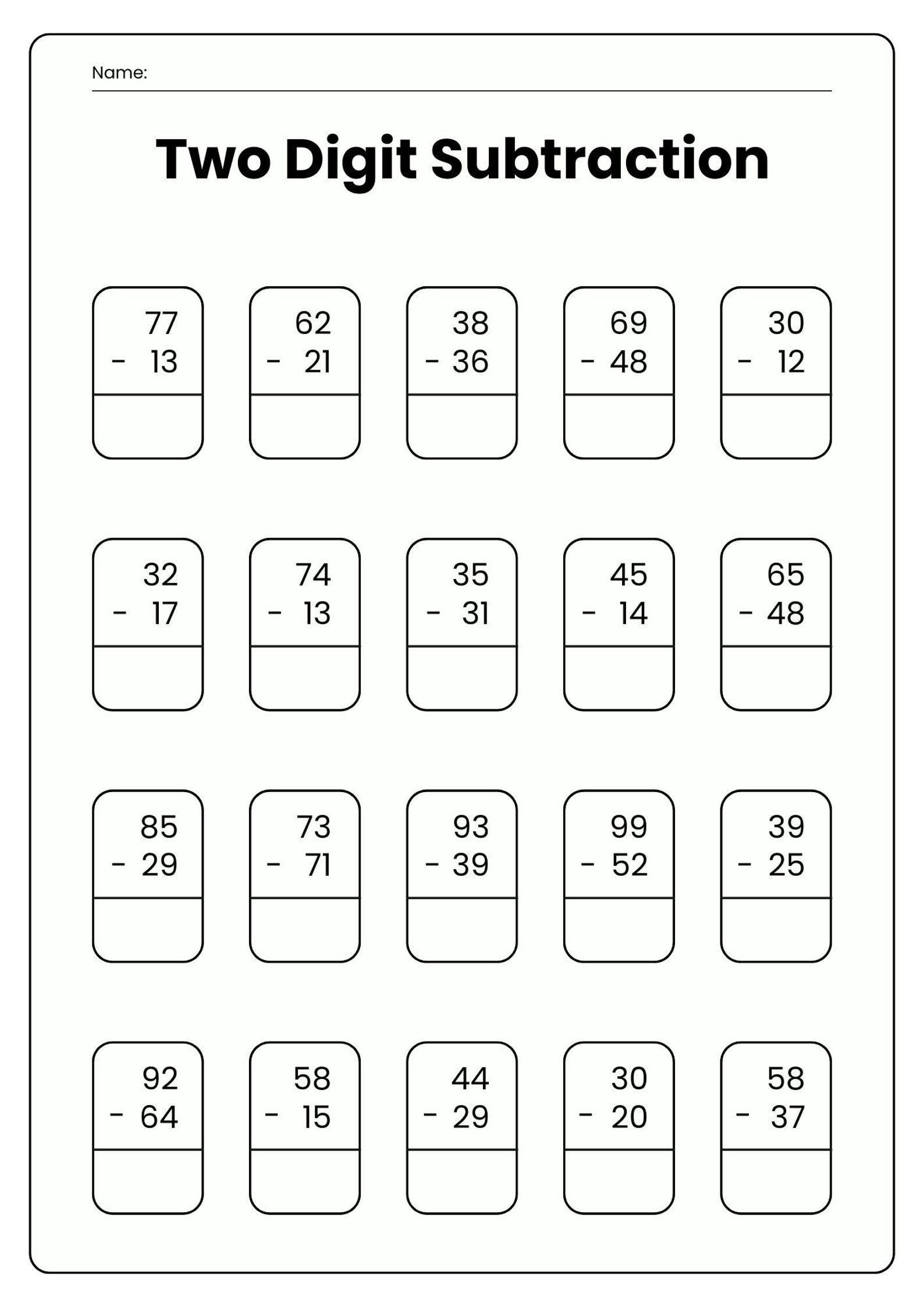 20 Printable Math Practice Pages | Two-digit Subtraction Worksheets for ...