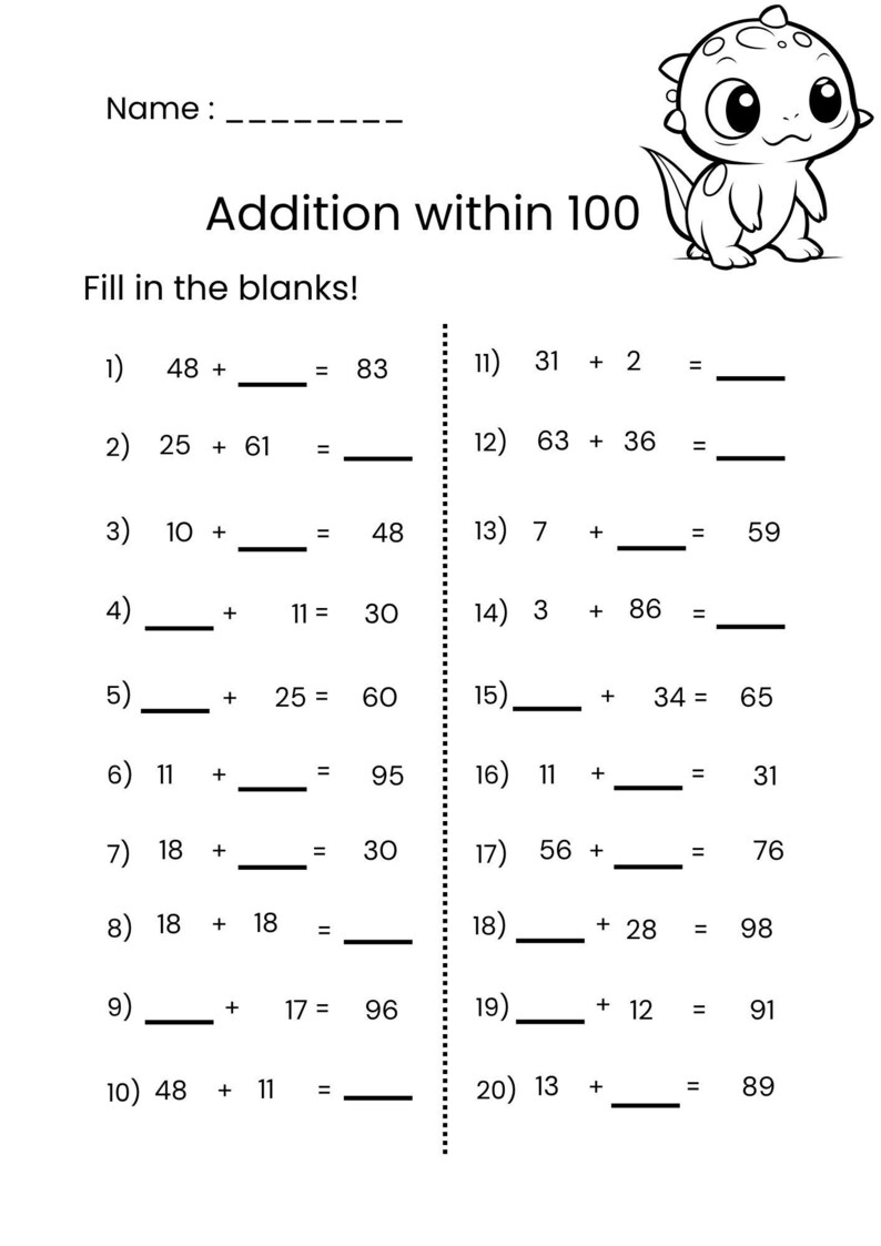 20 Worksheets | Cute Dinosaur Addition Worksheets Within 100 | Fun Math ...