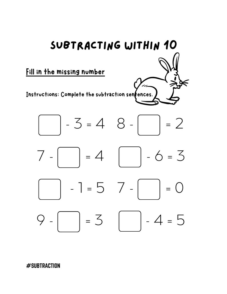 Subtraction Worksheets for Kids | Mental Math to 10 and 20, Missing ...