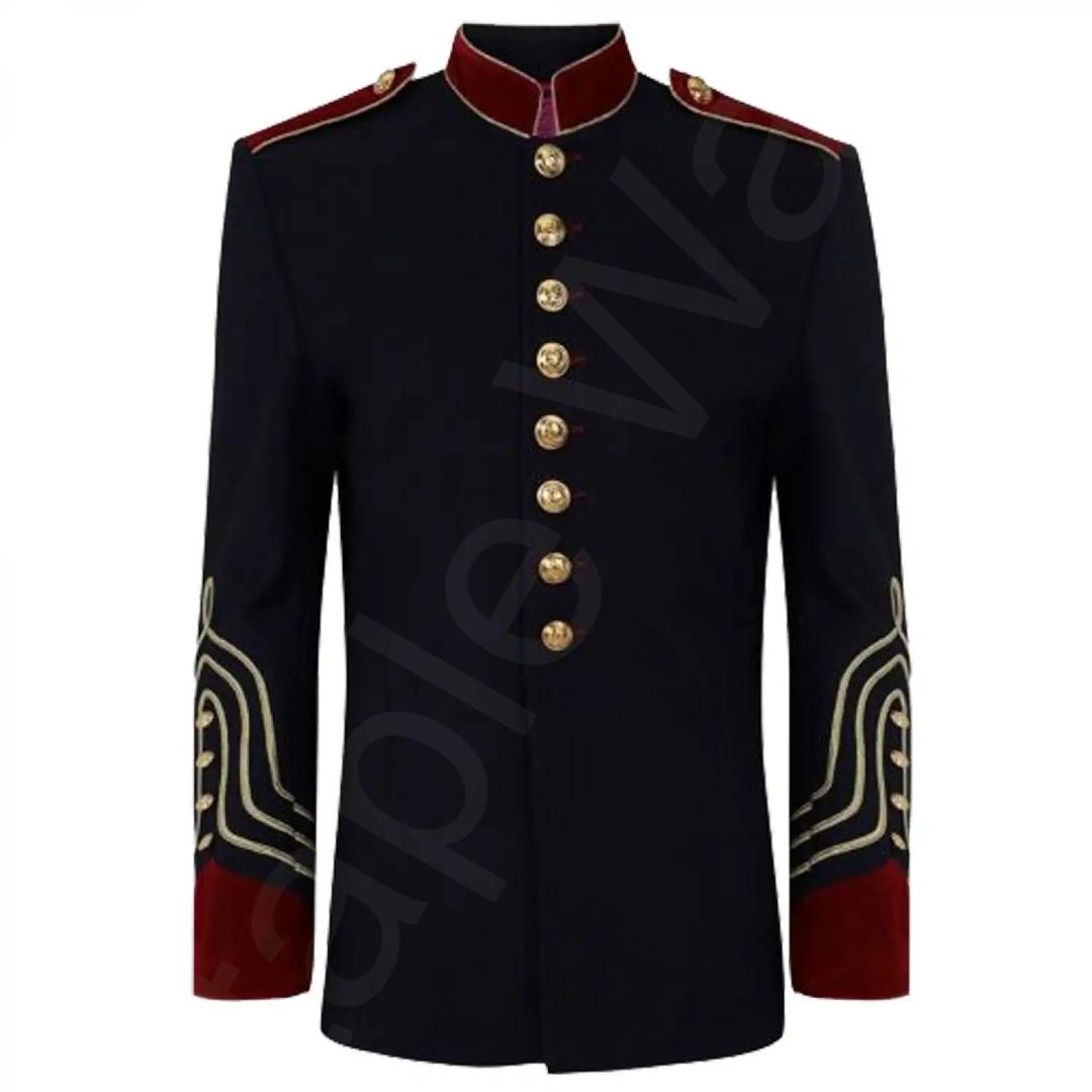 Men’s Military Parade Coat Black Twill Red Stand Collar Gold Braided ...