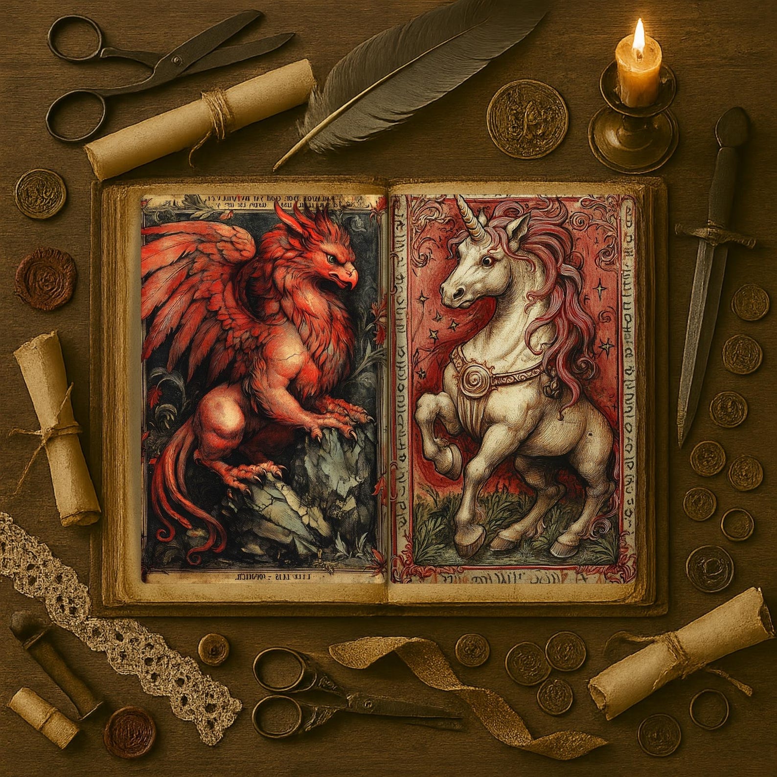 Medieval Scarlet Bestiary Pages, Digital Paper, Fantasy, Junk Journal ...