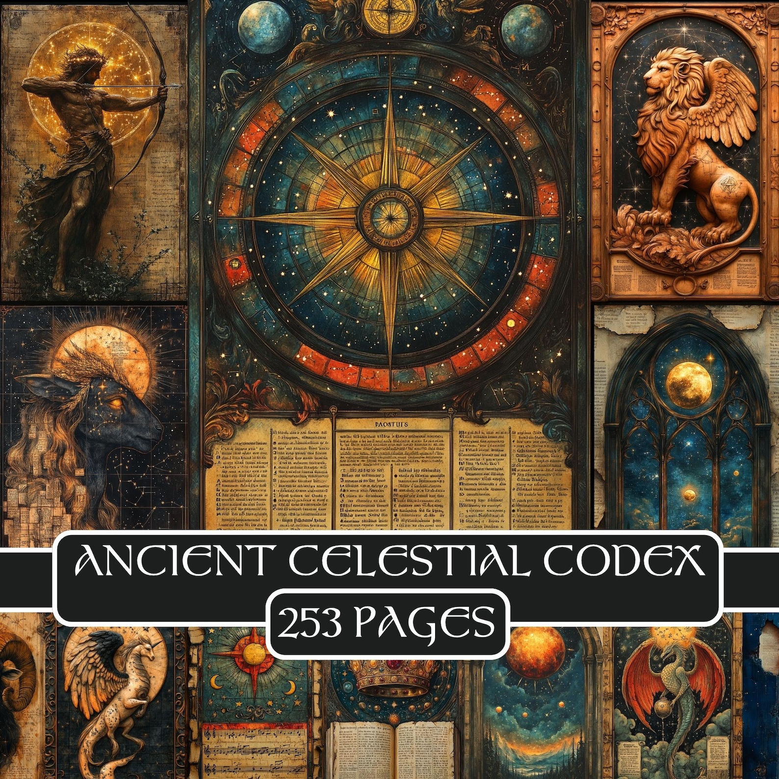 Ancient Celestial Codex Junk Journal Pages, Moon, Scrapbooking, Sun ...