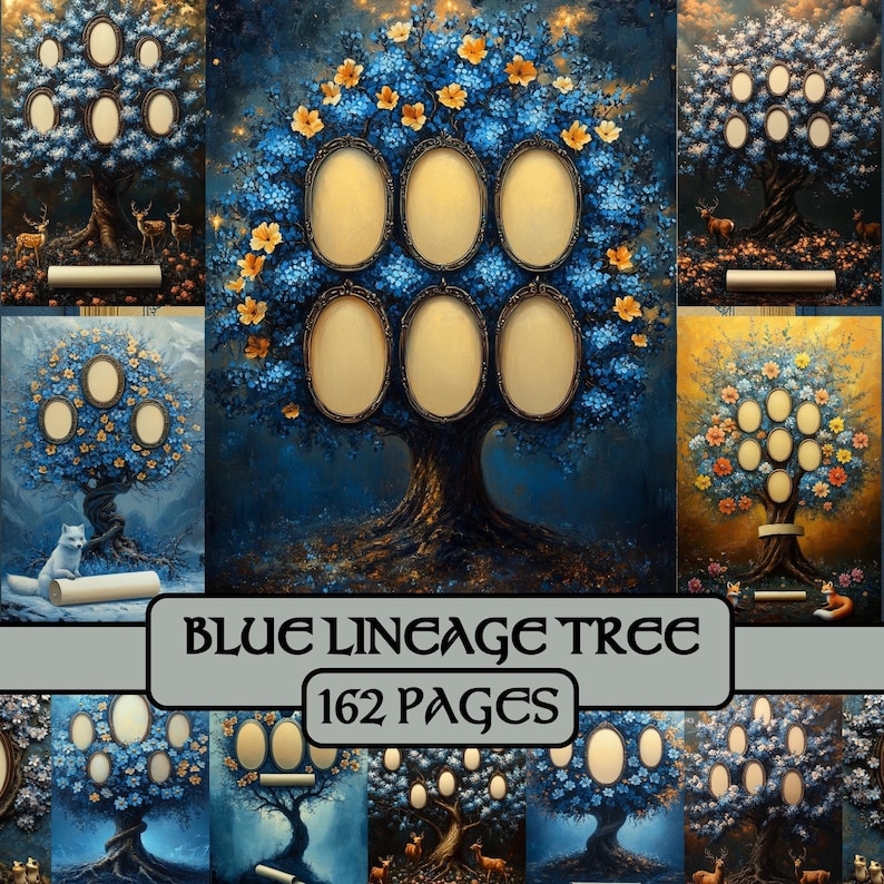 Blue Lineage Tree Pages, Digital Ancestry Junk Journal Kit, Vintage ...