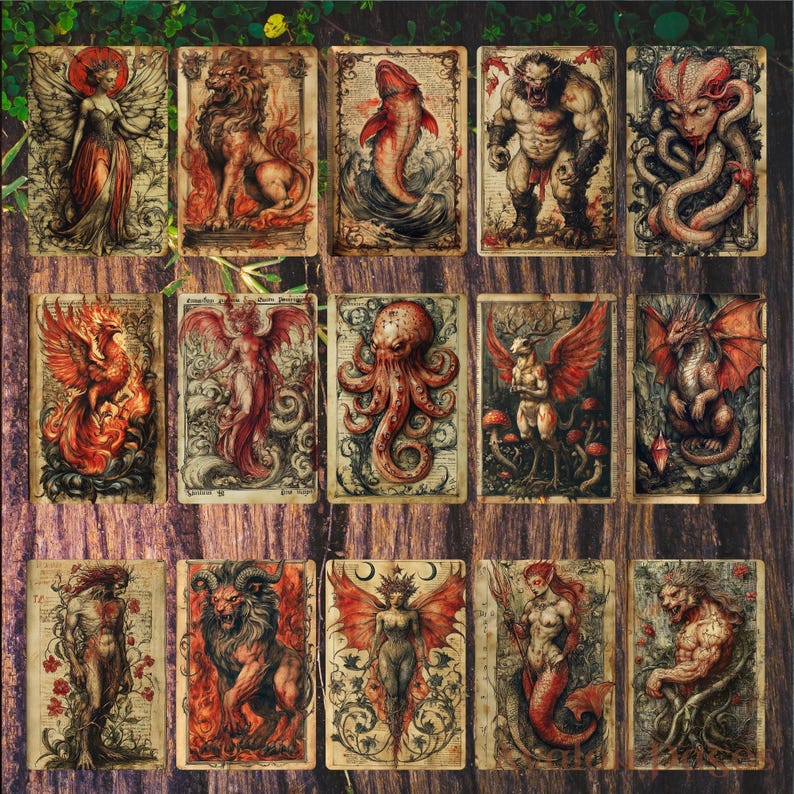 Medieval Scarlet Bestiary Pages, Digital Paper, Fantasy, Junk Journal ...