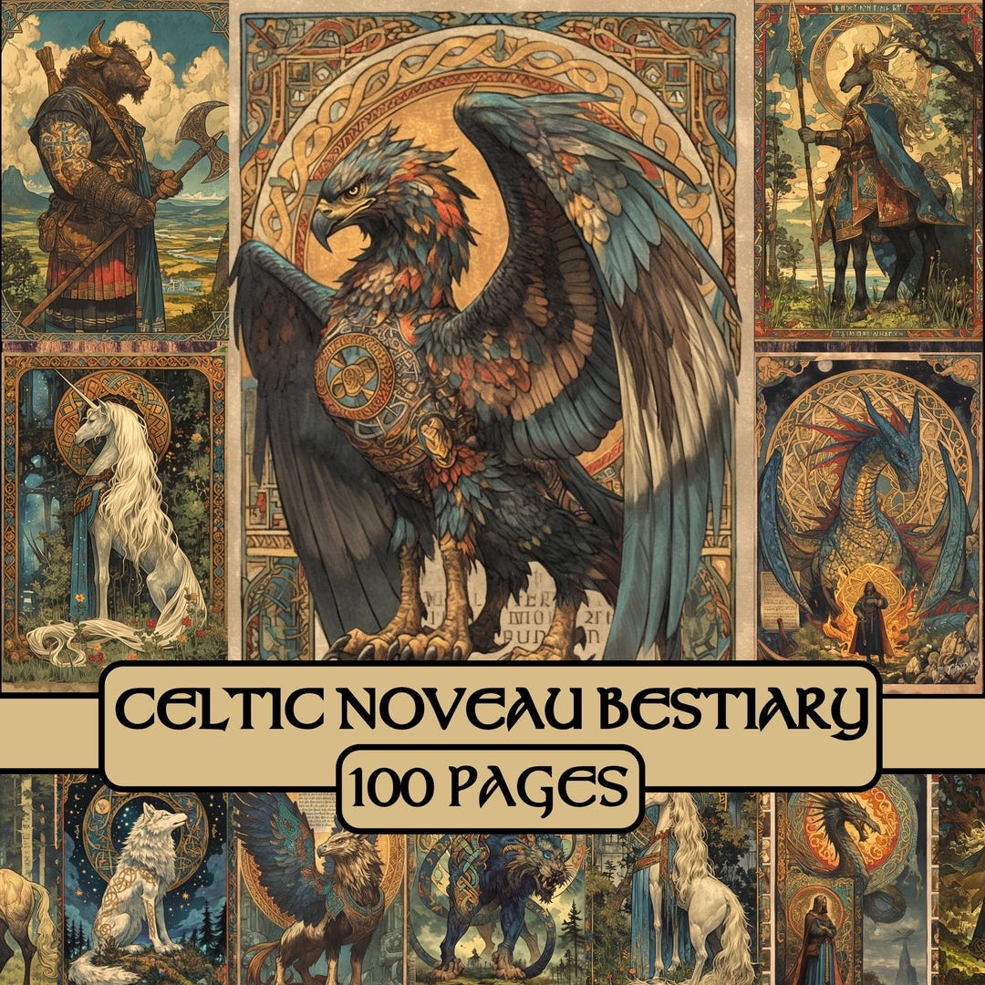 Celtic Nouveau Bestiary Pages, Junk Journal, Fantasy, Digital Paper ...