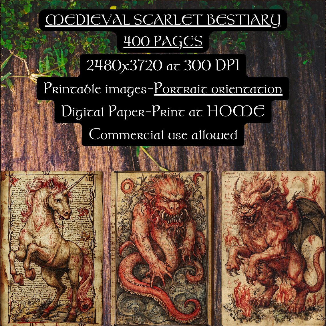 Medieval Scarlet Bestiary Pages, Digital Paper, Fantasy, Junk Journal ...