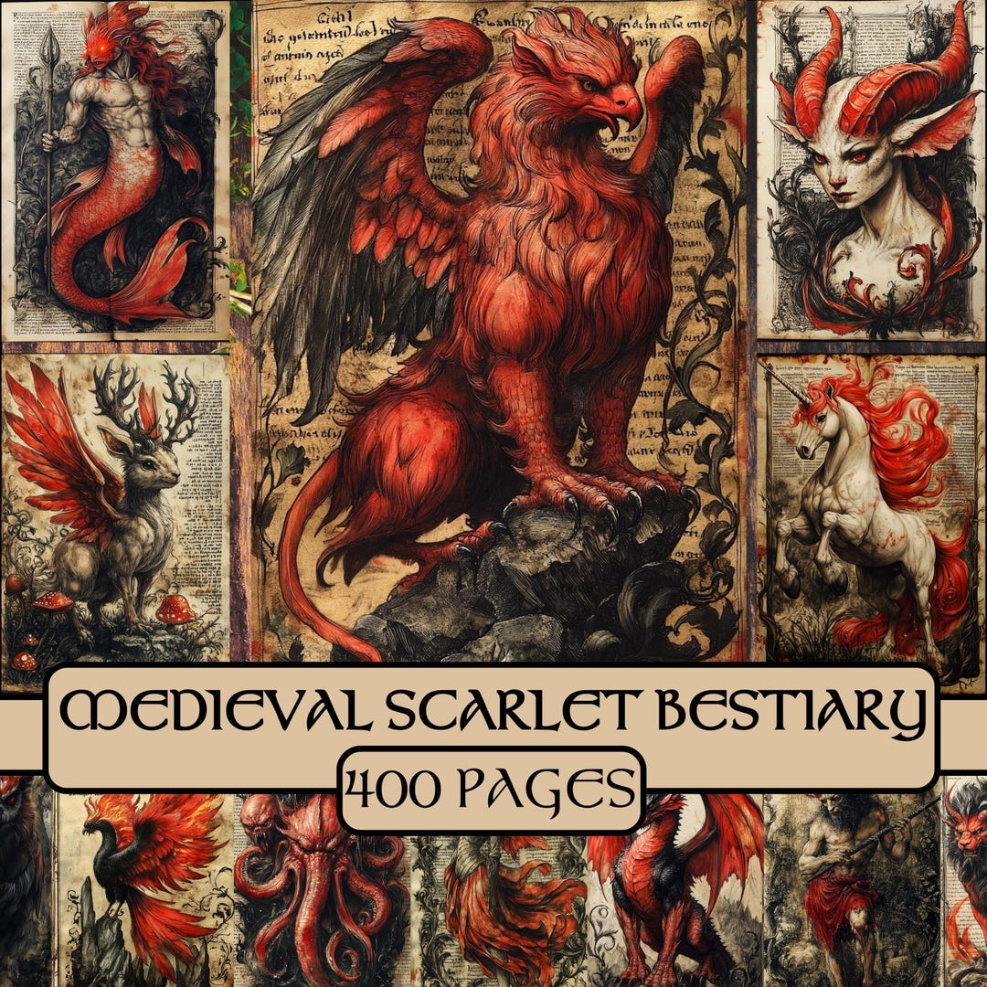 Medieval Scarlet Bestiary Pages, Digital Paper, Fantasy, Junk Journal ...