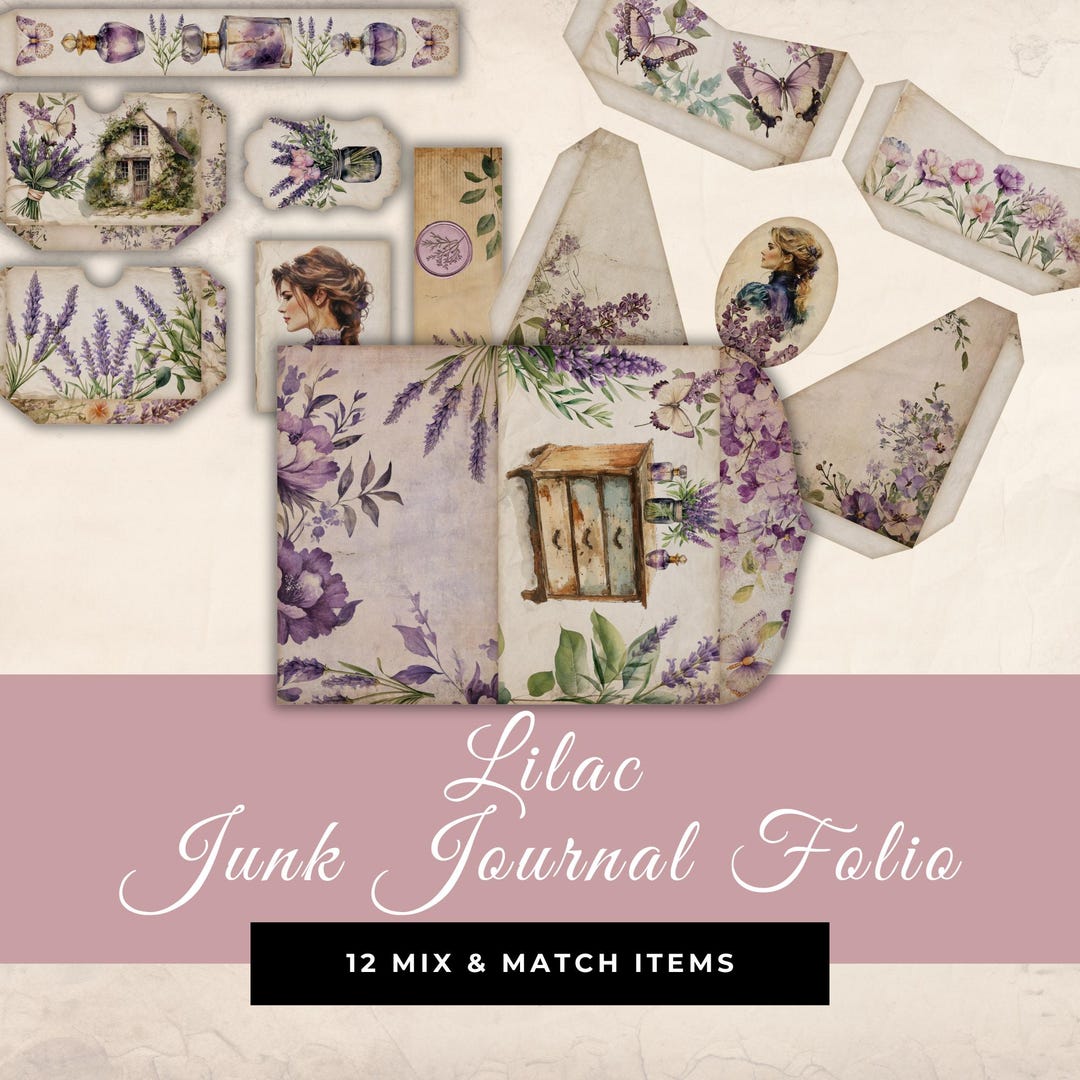 Lilac Junk Journal Folio Kit | Printable Ephemera | Shabby Chic Digital ...