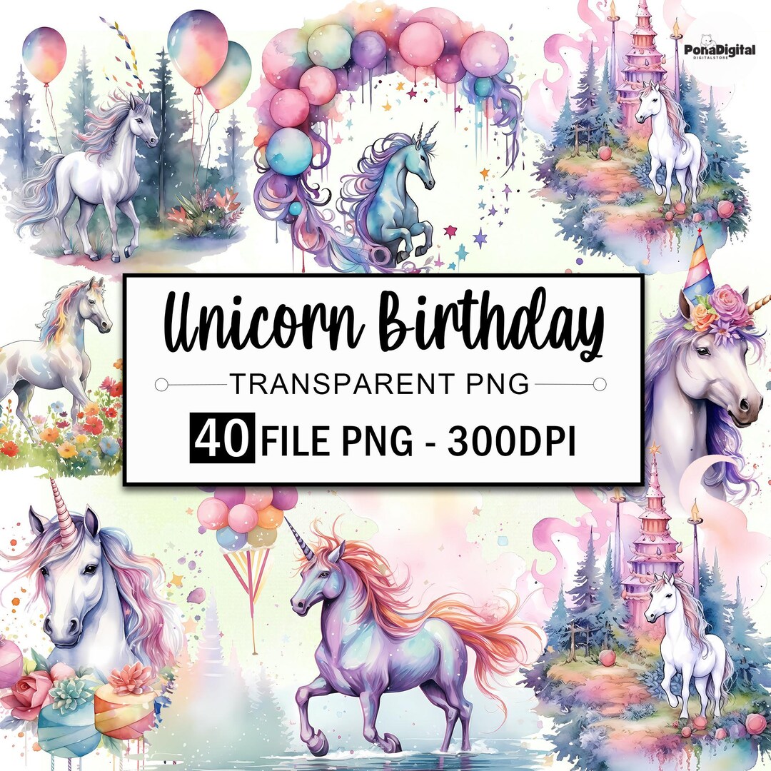 40+ Watercolor Unicorn Birthday Clipart Bundle PNG, Unicorn Party ...