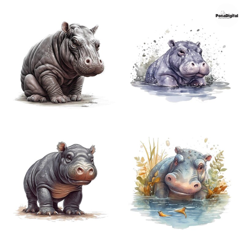 Watercolor Baby Hippo Clipart Bundle PNG,15+ Hippo Sleeping Clipart ...