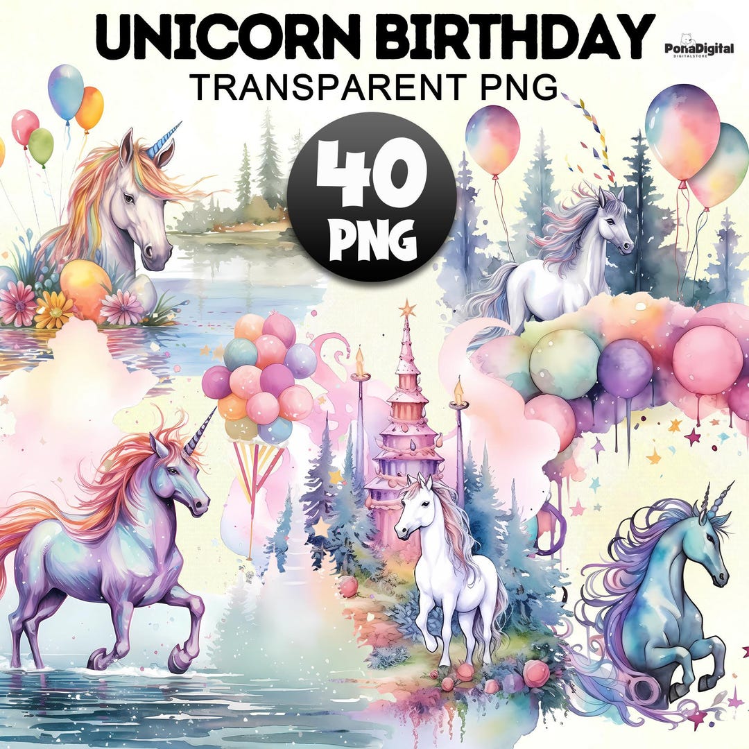 Watercolor Unicorn Birthday Clipart Bundle PNG,40+ Unicorn Birthday ...