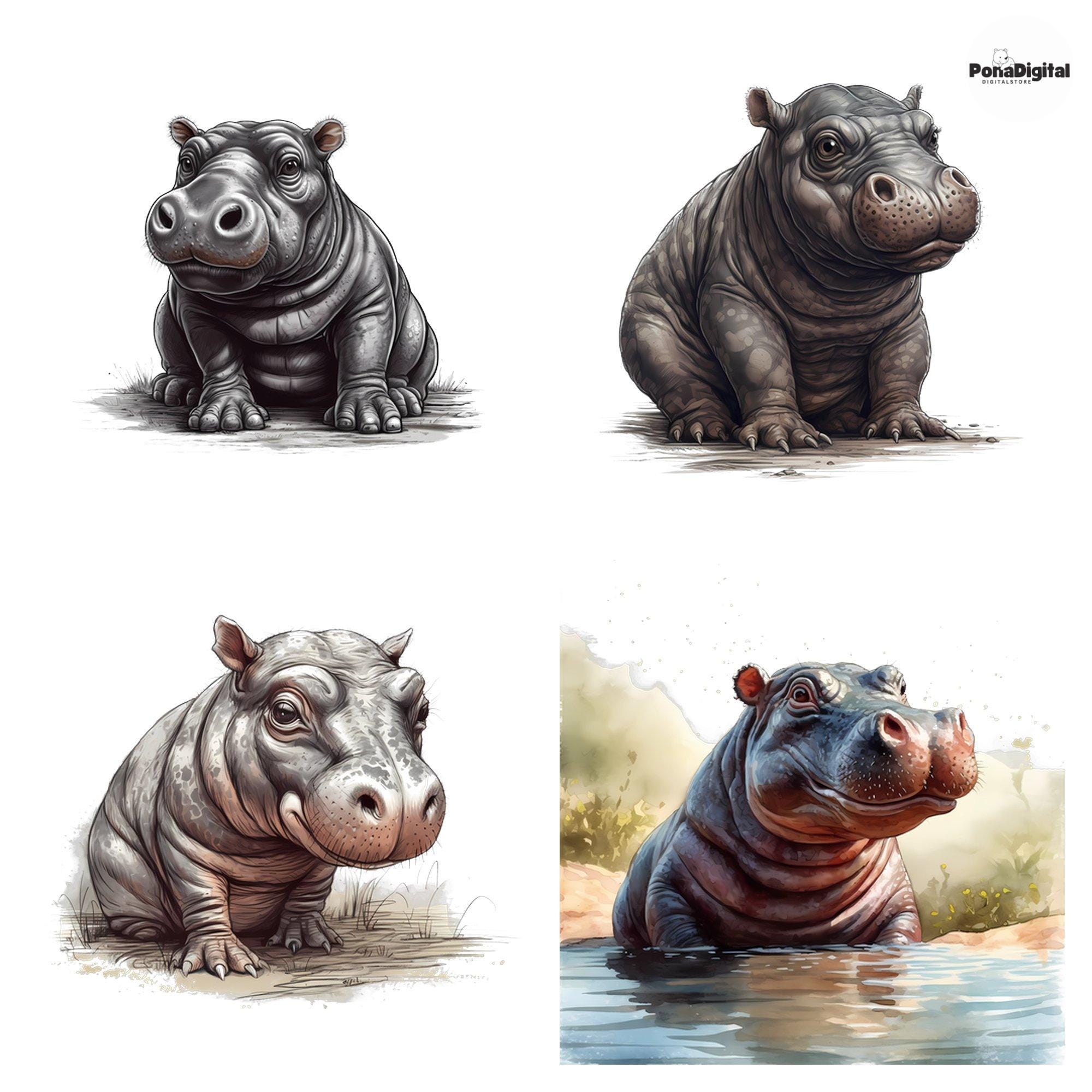 Watercolor Baby Hippo Clipart Bundle PNG,15+ Hippo Sleeping Clipart ...