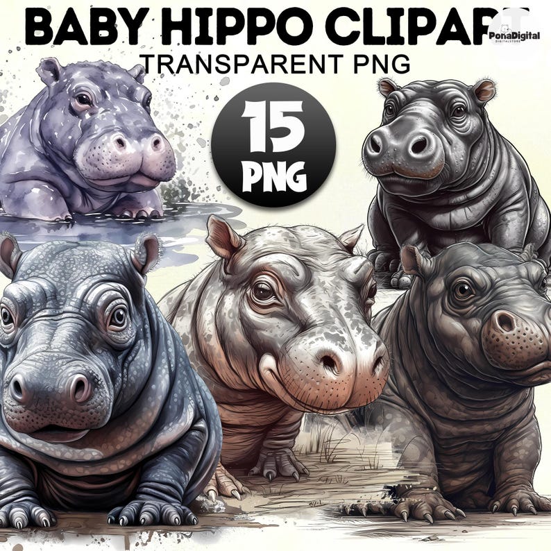 Watercolor Baby Hippo Clipart Bundle PNG,15+ Hippo Sleeping Clipart ...