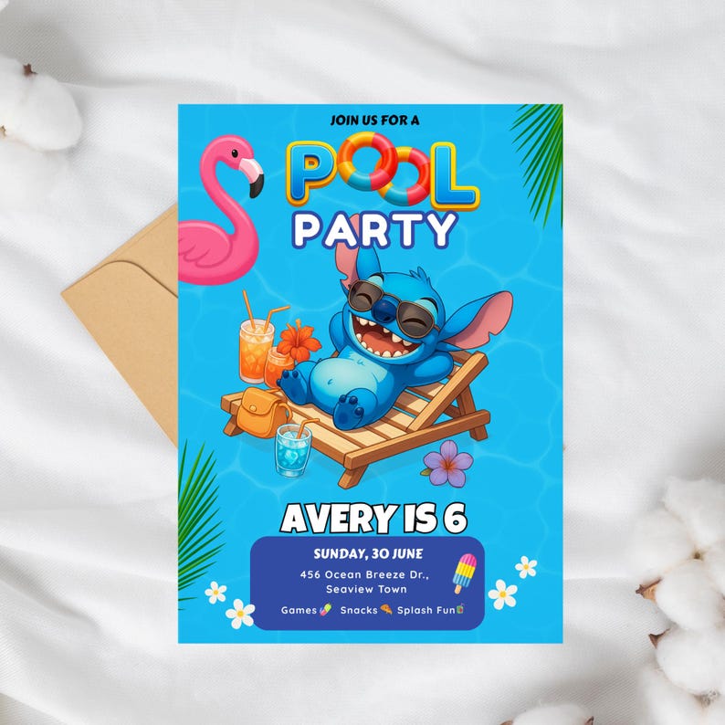Stitch Pool Party Birthday Invitation, Stitch Lilo Party Invite, Boy ...