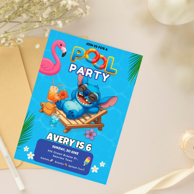 Stitch Pool Party Birthday Invitation, Stitch Lilo Party Invite, Boy ...