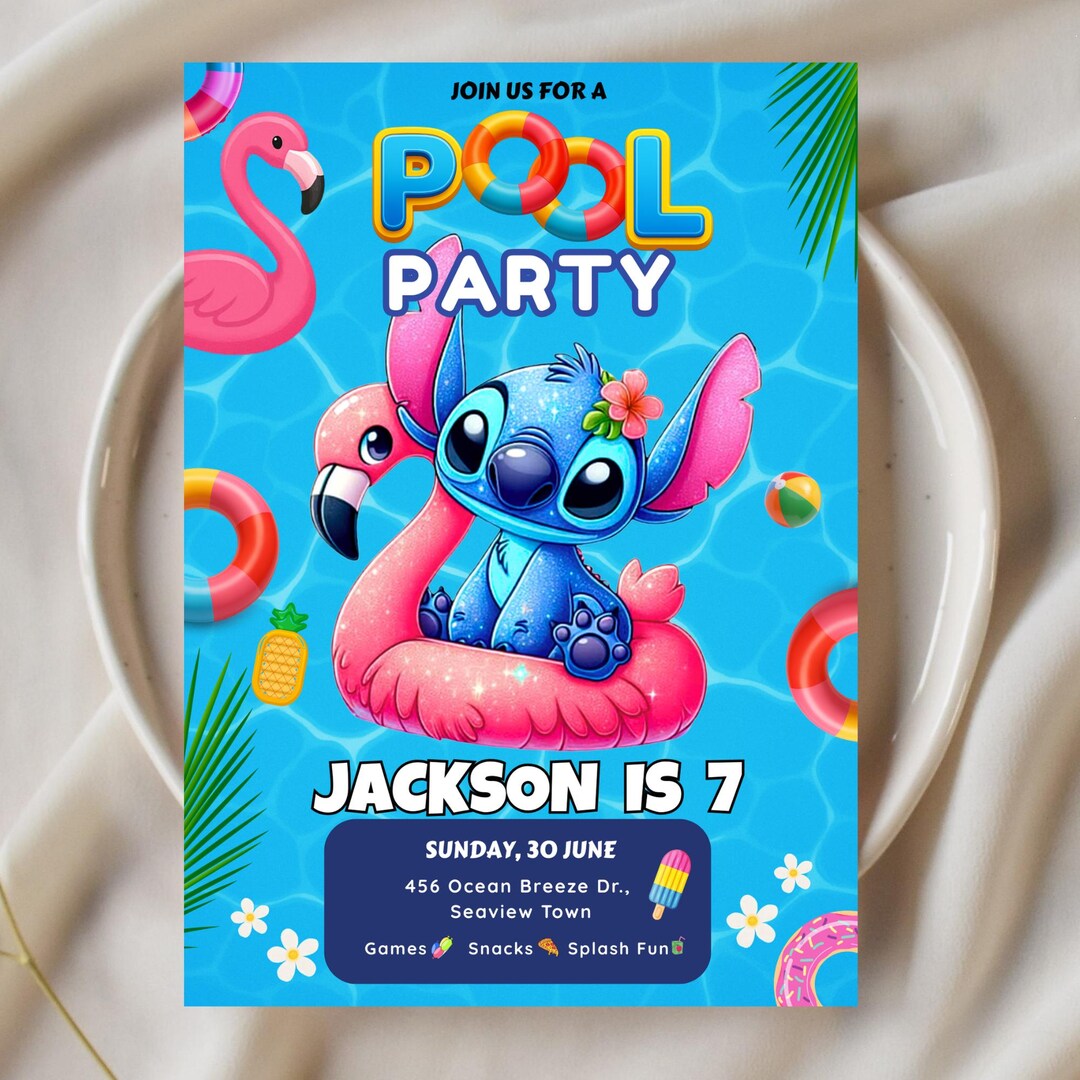 Stitch Pool Party Birthday Invitation, Stitch Lilo Party Invite, Cute ...