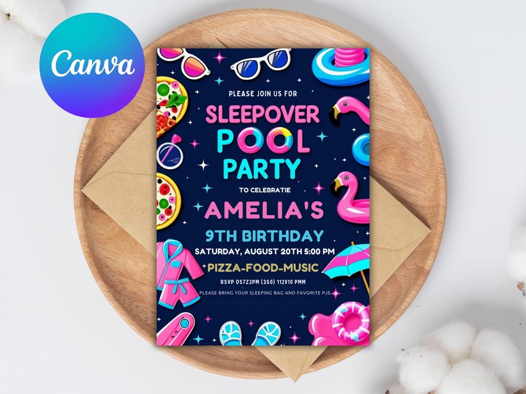 Editable Sleepover Pool Party Birthday Invitation, Pool Party Template ...