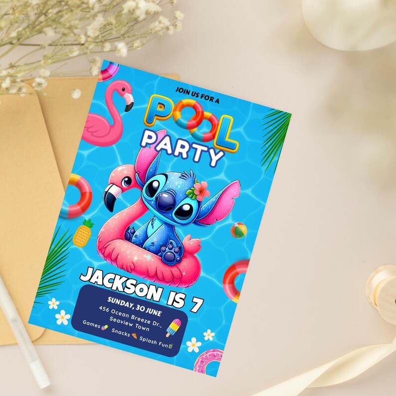 Stitch Pool Party Birthday Invitation, Stitch Lilo Party Invite, Cute ...
