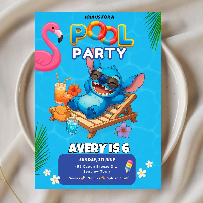 Stitch Pool Party Birthday Invitation, Stitch Lilo Party Invite, Boy ...