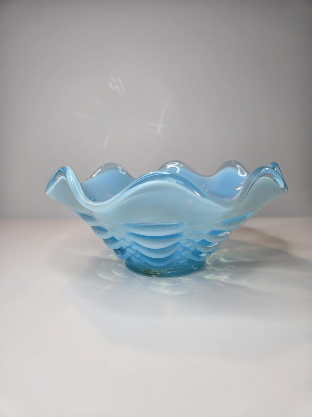 Vintage Blue Opalescent Drapery Glass Bowl | Iridescent Art Glass ...