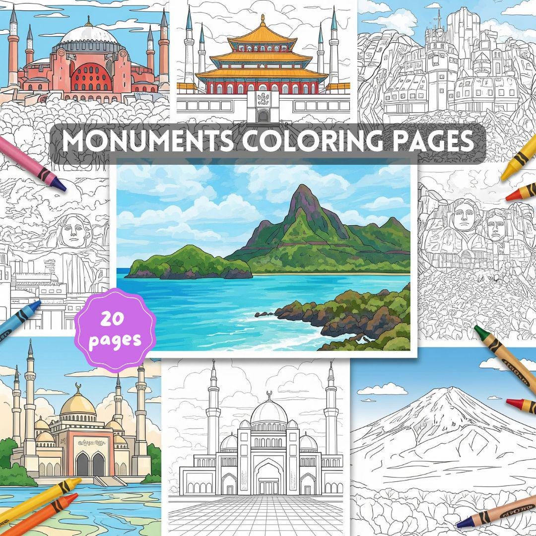 Coloring Pages for Kids & Adults - 20 World Monuments, Famous Landmarks ...
