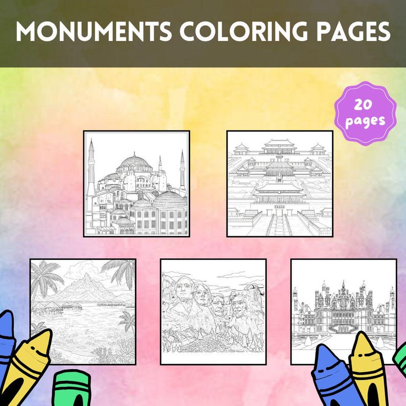 Coloring Pages for Kids & Adults - 20 World Monuments, Famous Landmarks ...