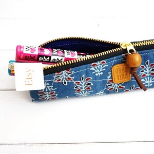 Slim Pencil Case in Indian Block Print Flower, Pen Case, Quilted Zipper ...