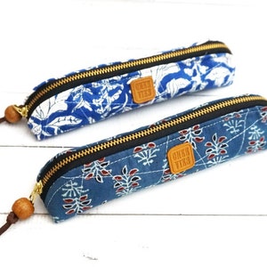 Slim Pencil Case in Indian Block Print Flower, Pen Case, Quilted Zipper ...