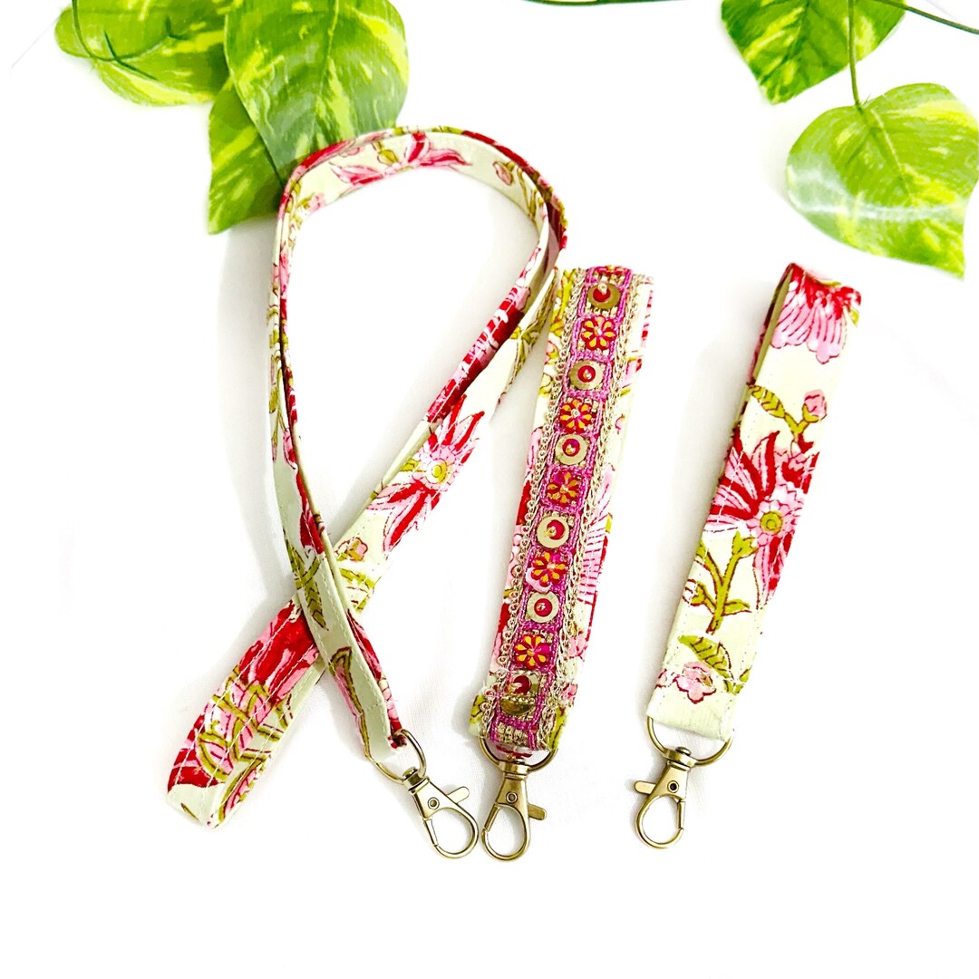 Handcrafted Fabric Lanyard and Keychain Wristlet, Sequin Key Fob, Gift ...