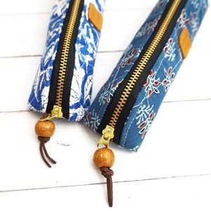 Slim Pencil Case in Indian Block Print Flower, Pen Case, Quilted Zipper ...
