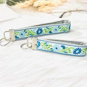 Blue Green Embroidered Lace Trim Keychain, Metallic Silver Grey Key Fob ...