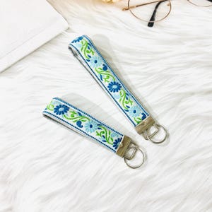 Blue Green Embroidered Lace Trim Keychain, Metallic Silver Grey Key Fob ...