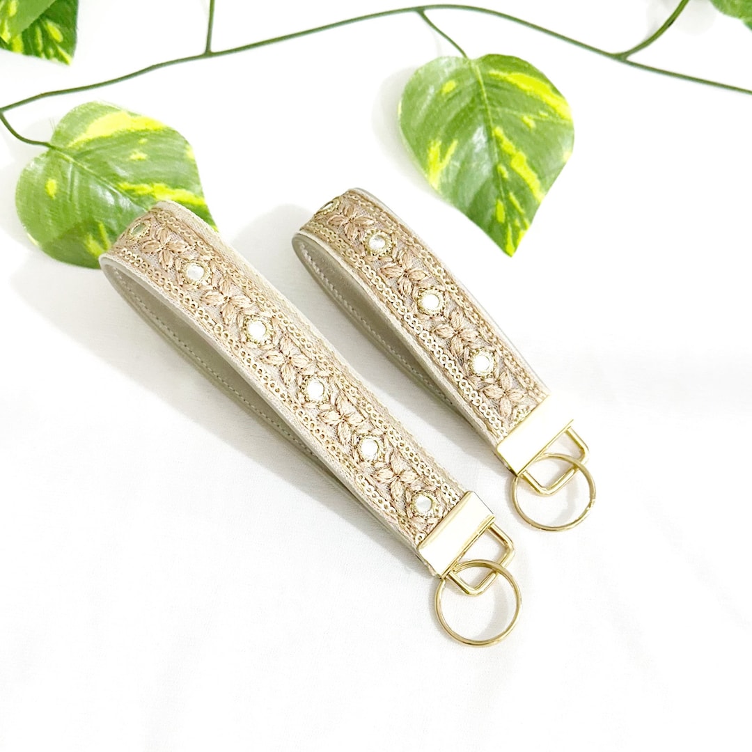 Handcrafted Faux Leather Keychain Wristlet With Mirror Embroidery, Gift ...