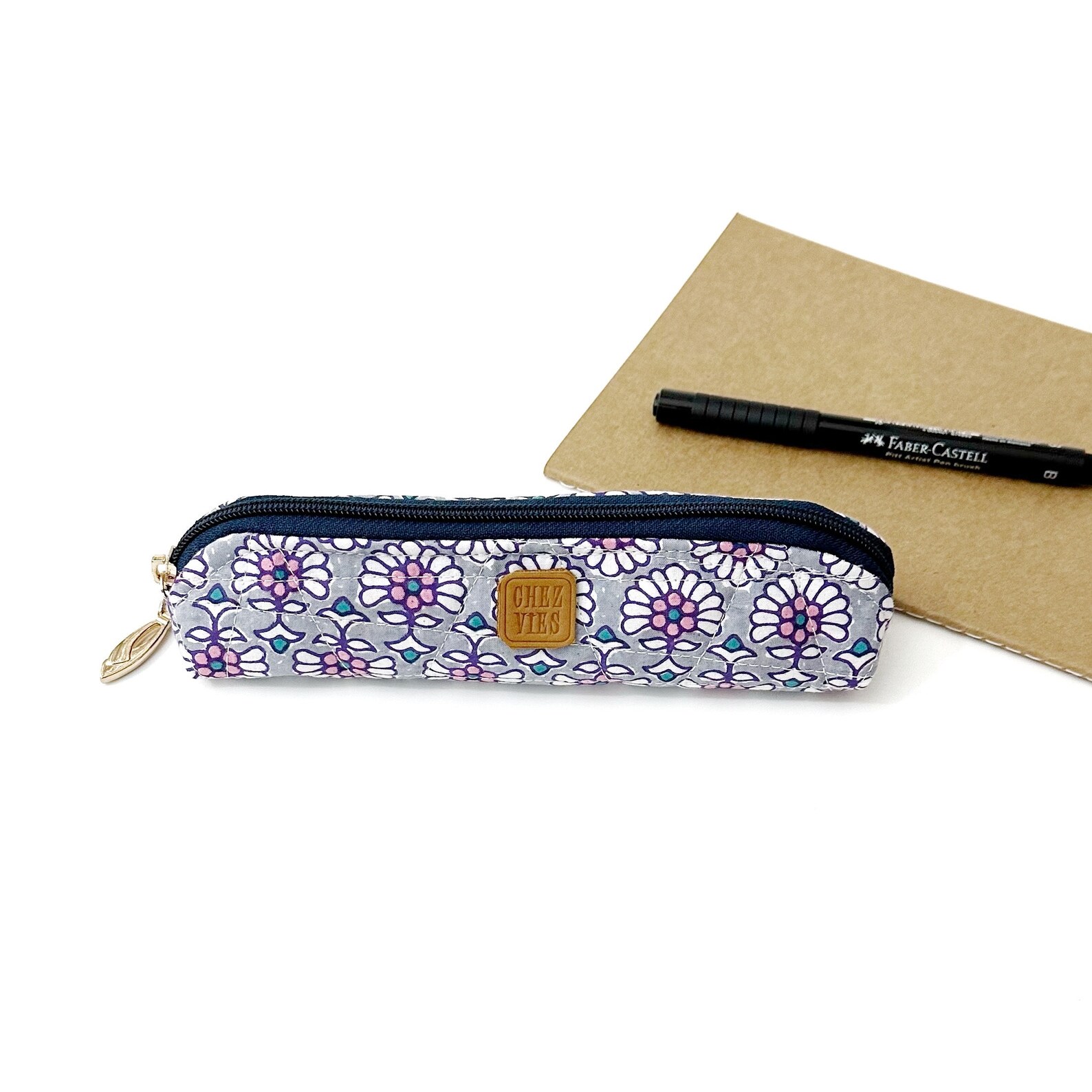 Slim Pencil Case in Grey Floral, Digital Pen Case, Quilted Zipper ...