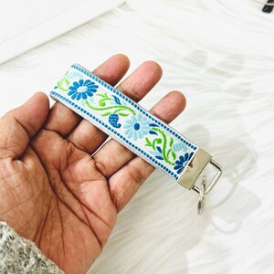 Blue Green Embroidered Lace Trim Keychain, Metallic Silver Grey Key Fob ...