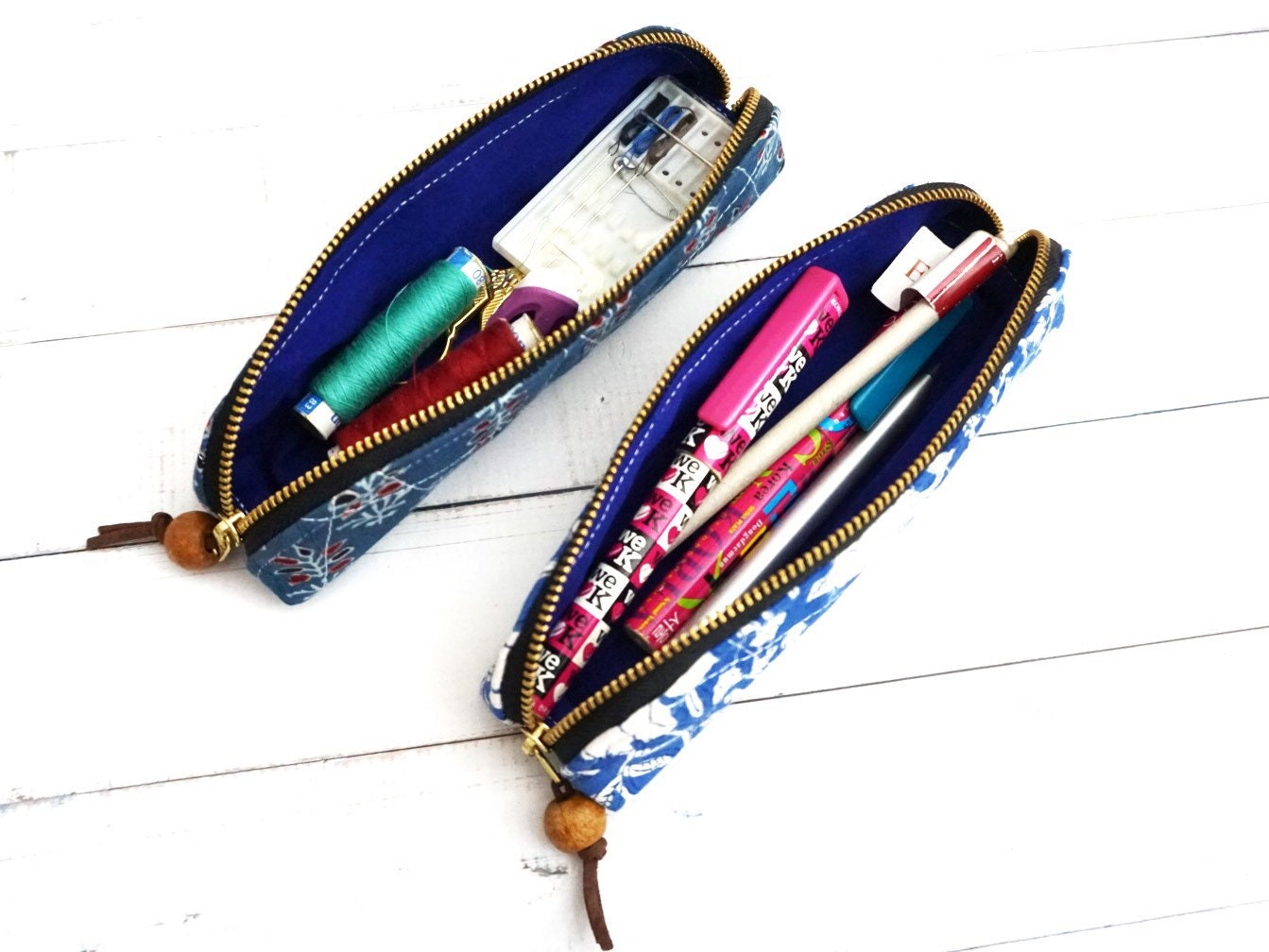 Slim Pencil Case in Indian Block Print Flower, Pen Case, Quilted Zipper ...