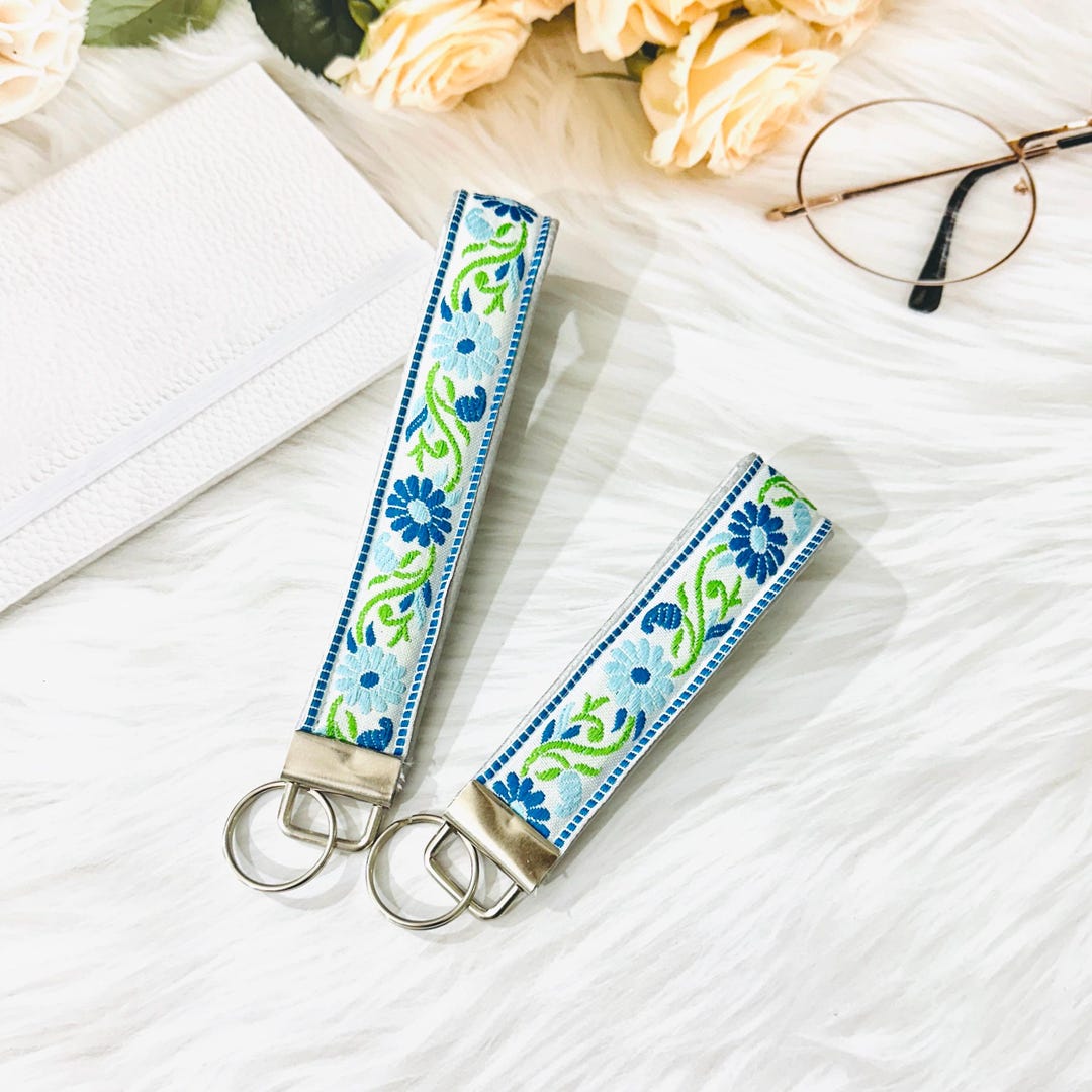 Blue Green Embroidered Lace Trim Keychain, Metallic Silver Grey Key Fob ...