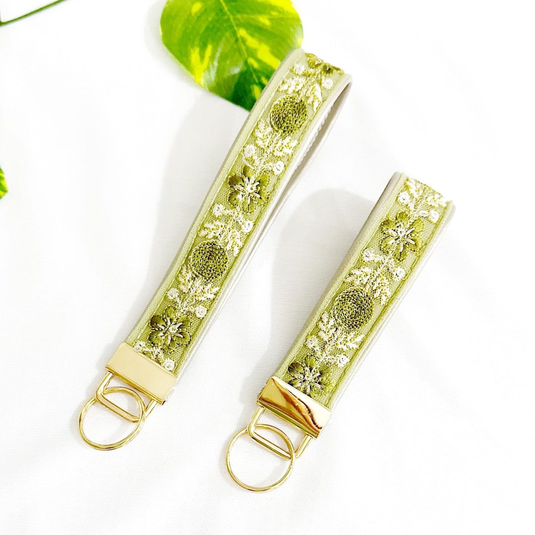 Elegant Embroidered Keychain Wristlet With Sequin Accent, Faux Leather Key Fob, Short Wrist ...