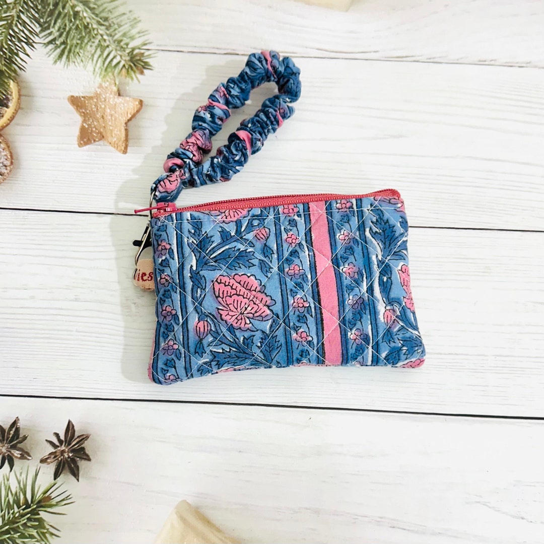 Blue Pink Floral Quilted Coin Pouch With Scrunchie Key Fob, Card Holder ...