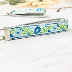 Blue Green Embroidered Lace Trim Keychain, Metallic Silver Grey Key Fob ...